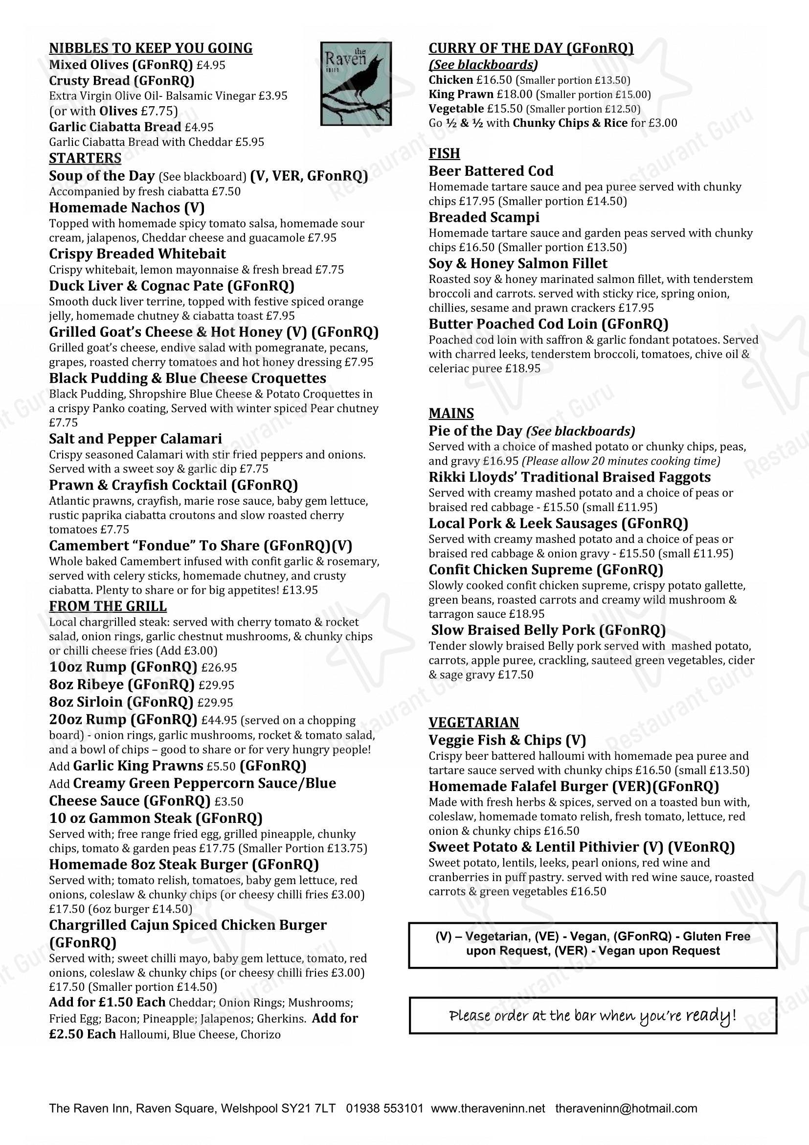 Menu at Raven Inn pub & bar, Welshpool, Raven Square