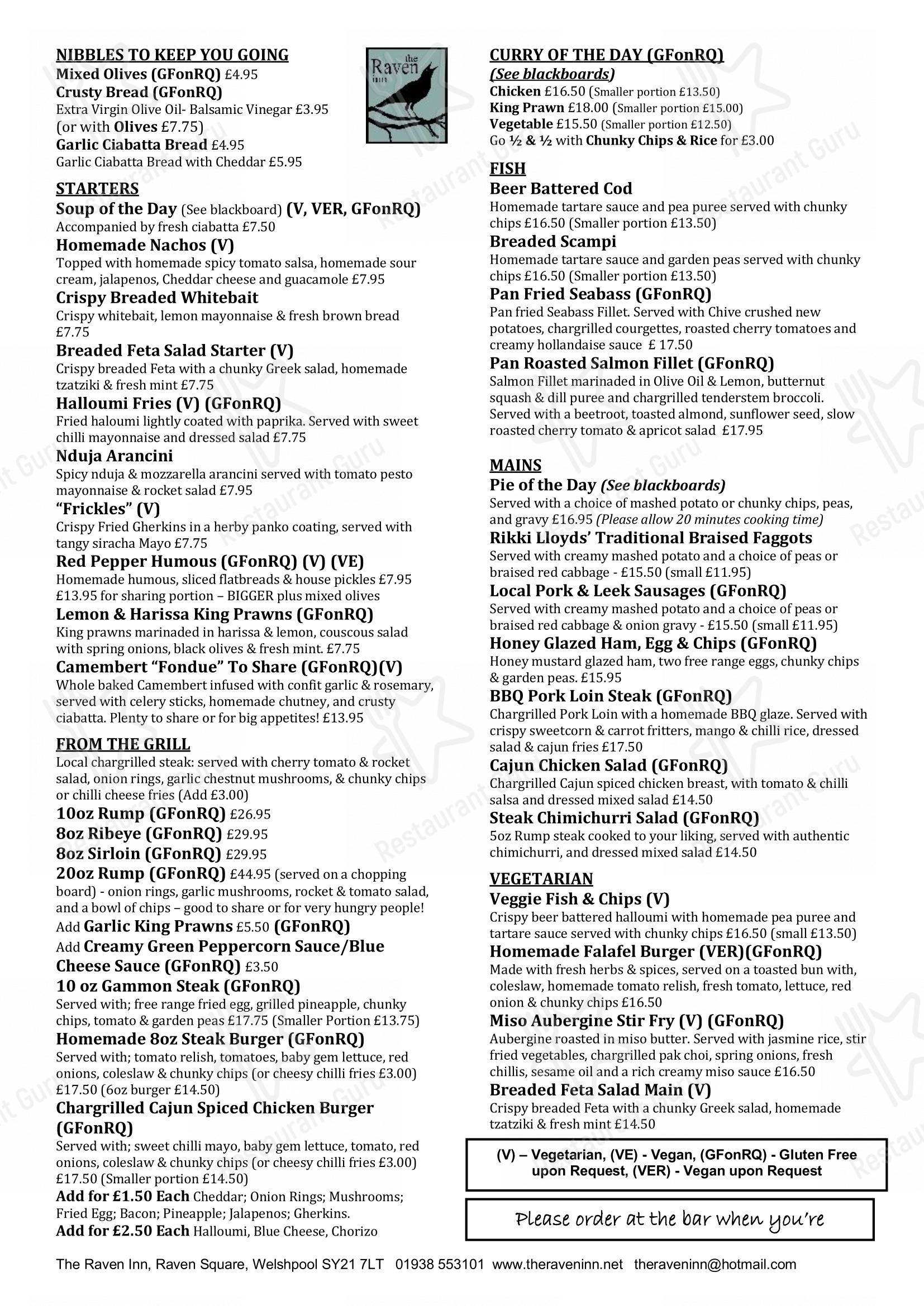 Menu at Raven Inn pub & bar, Welshpool, Raven Square