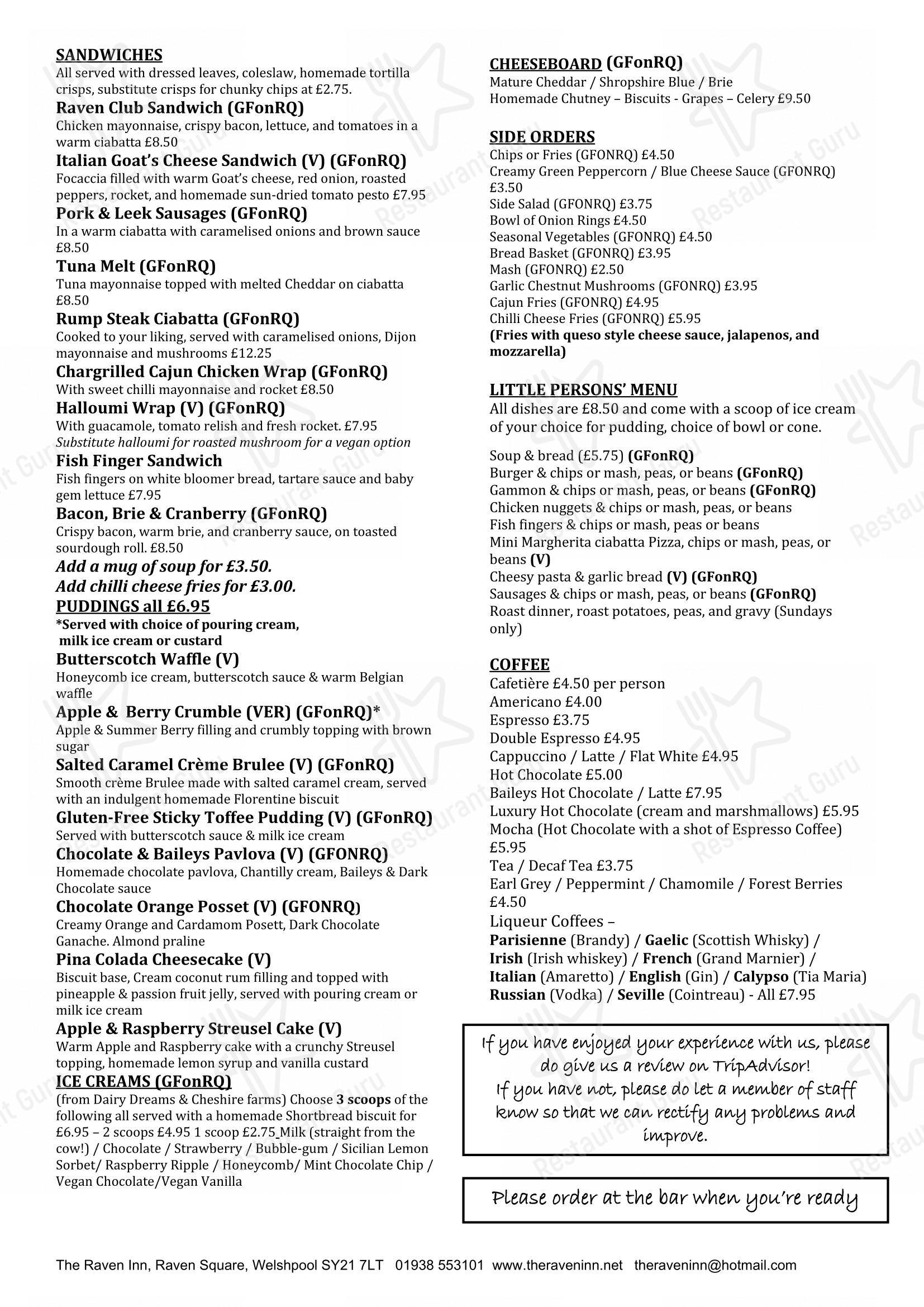 Menu at Raven Inn pub & bar, Welshpool, Raven Square