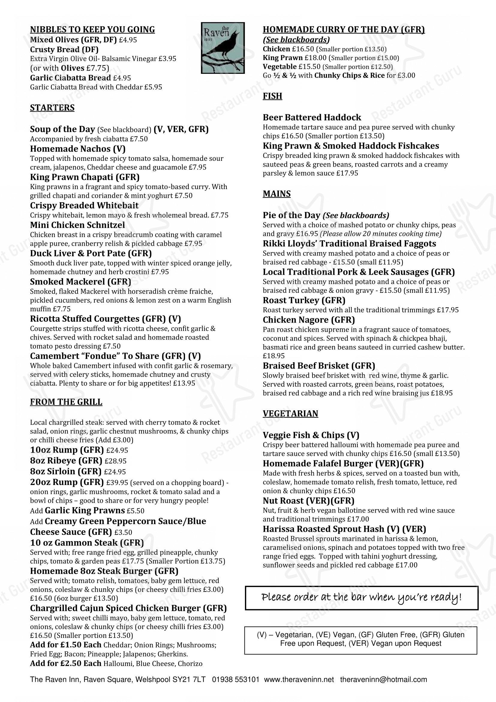 Menu at Raven Inn pub & bar, Welshpool, Raven Square