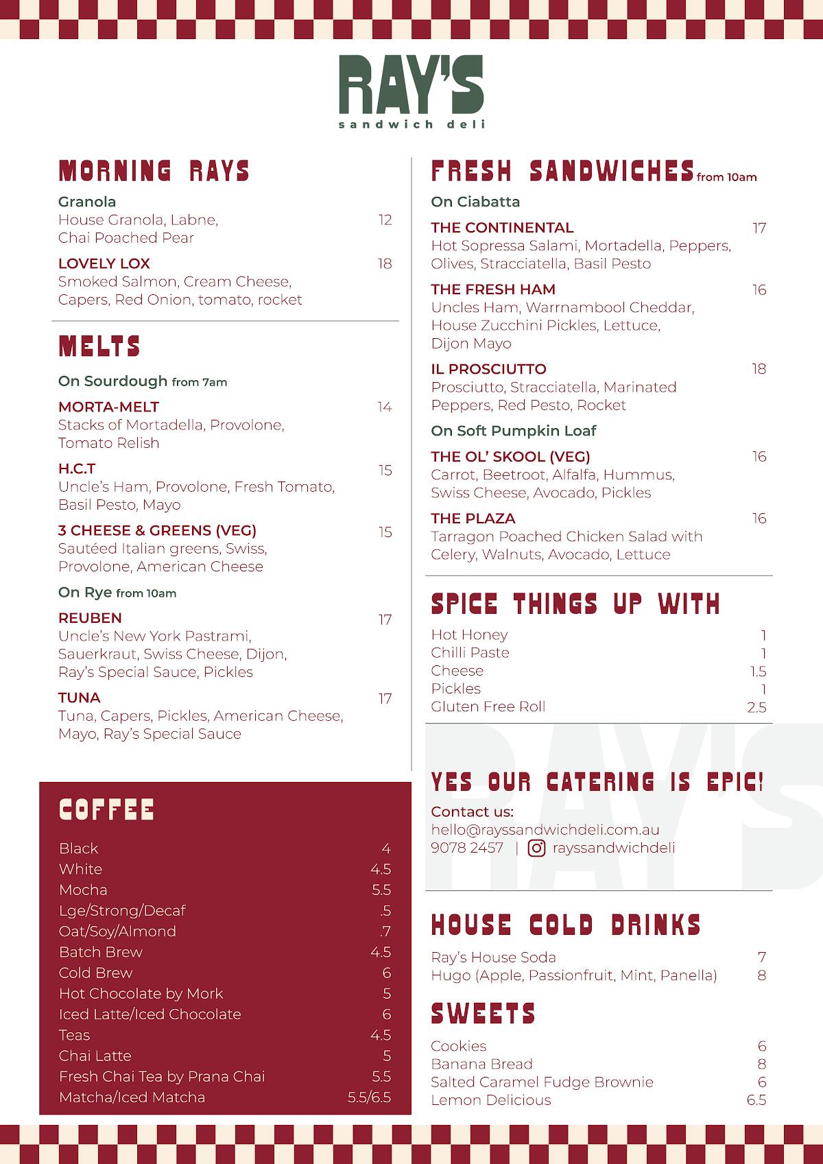 Menu at Ray's Sandwich Deli, Hawthorn