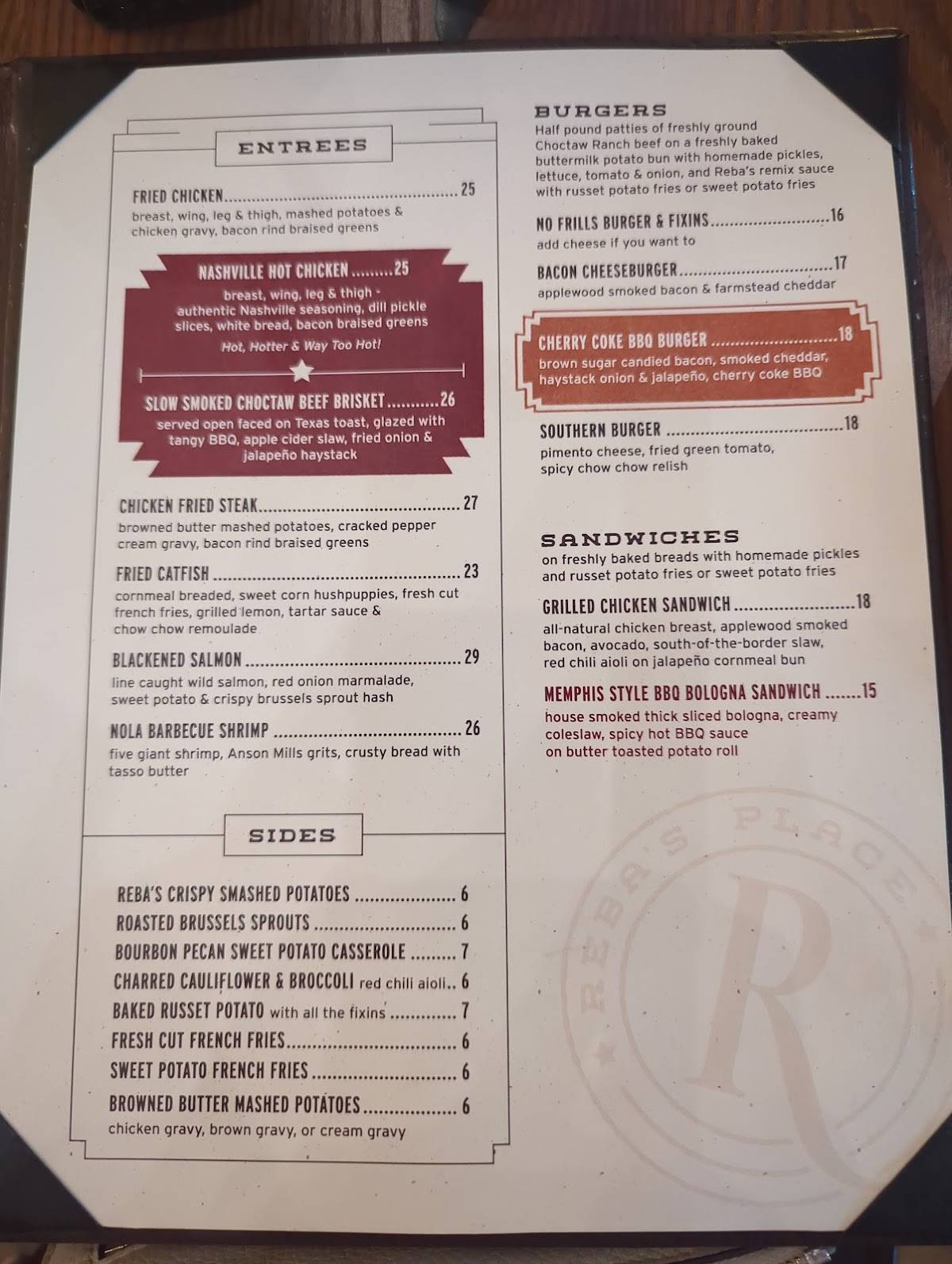Menu at Reba's Place restaurant, Atoka