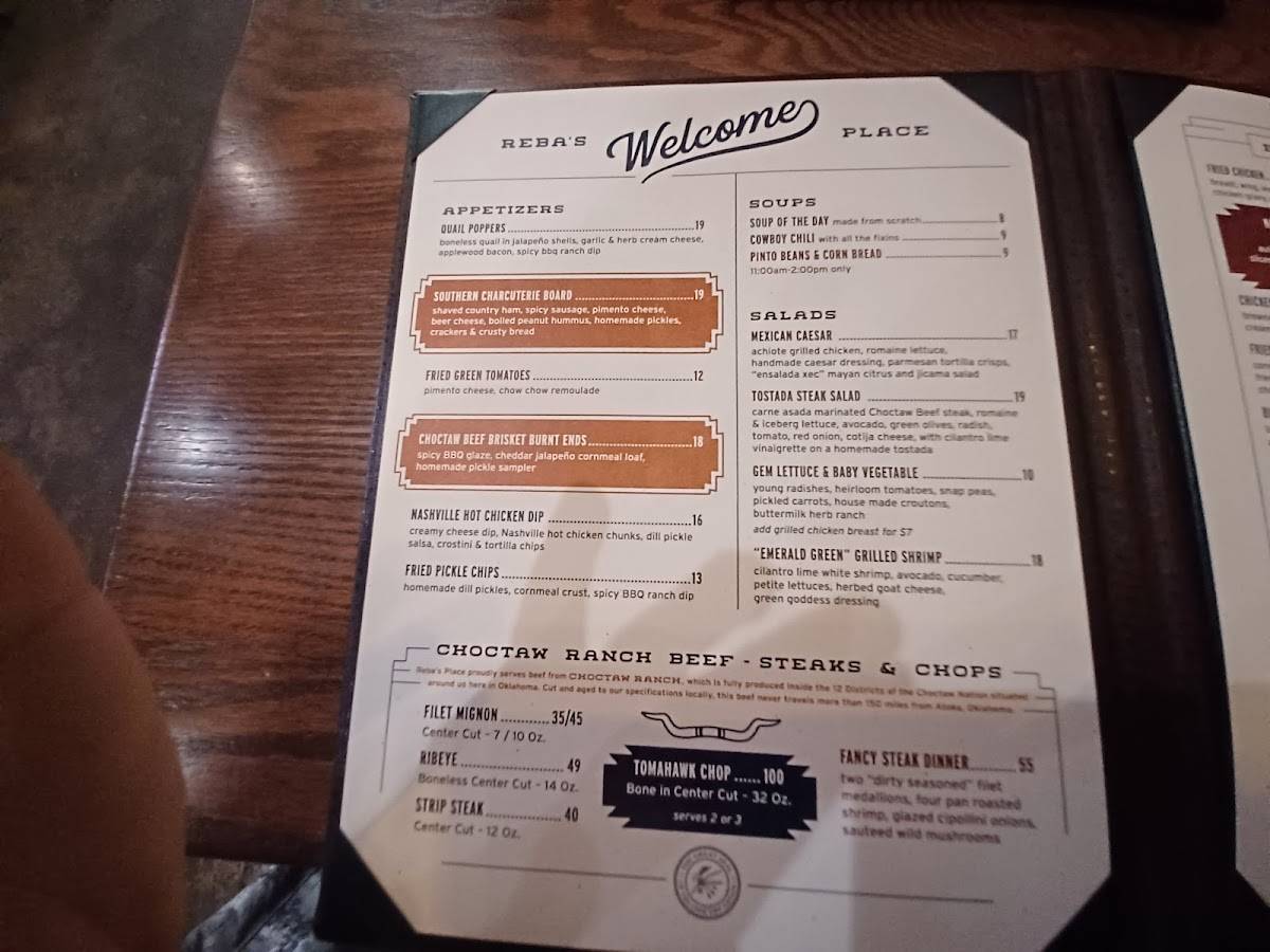 Menu at Reba's Place restaurant, Atoka