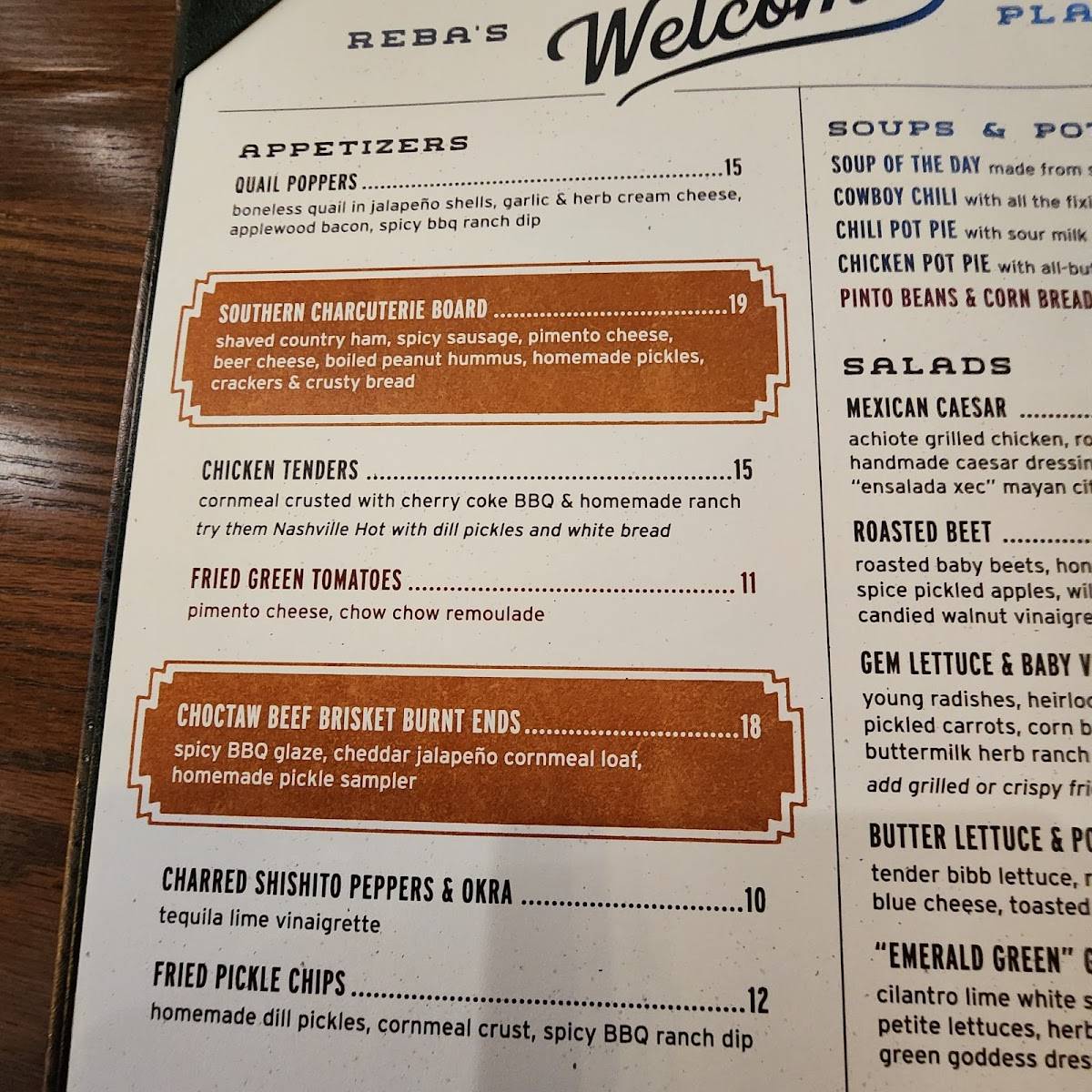 Menu at Reba's Place restaurant, Atoka