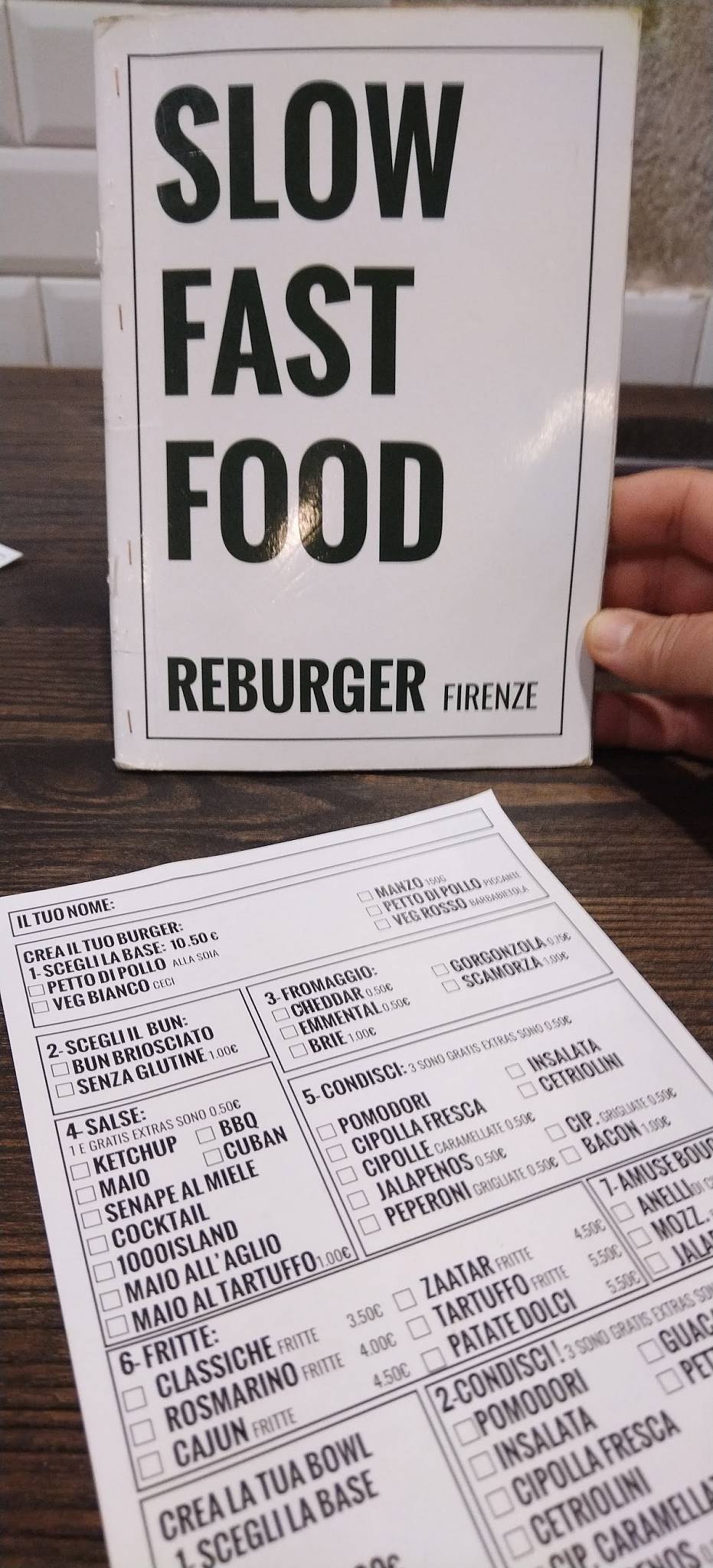 Menu da Reburger ristorante, Firenze
