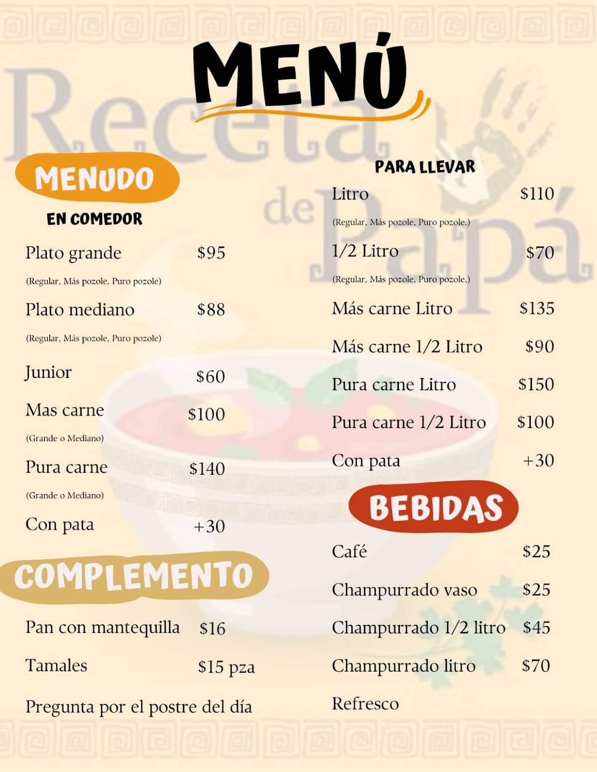 Menu at Receta de Papá (NCG) restaurant, Nuevo Casas Grandes Municipality