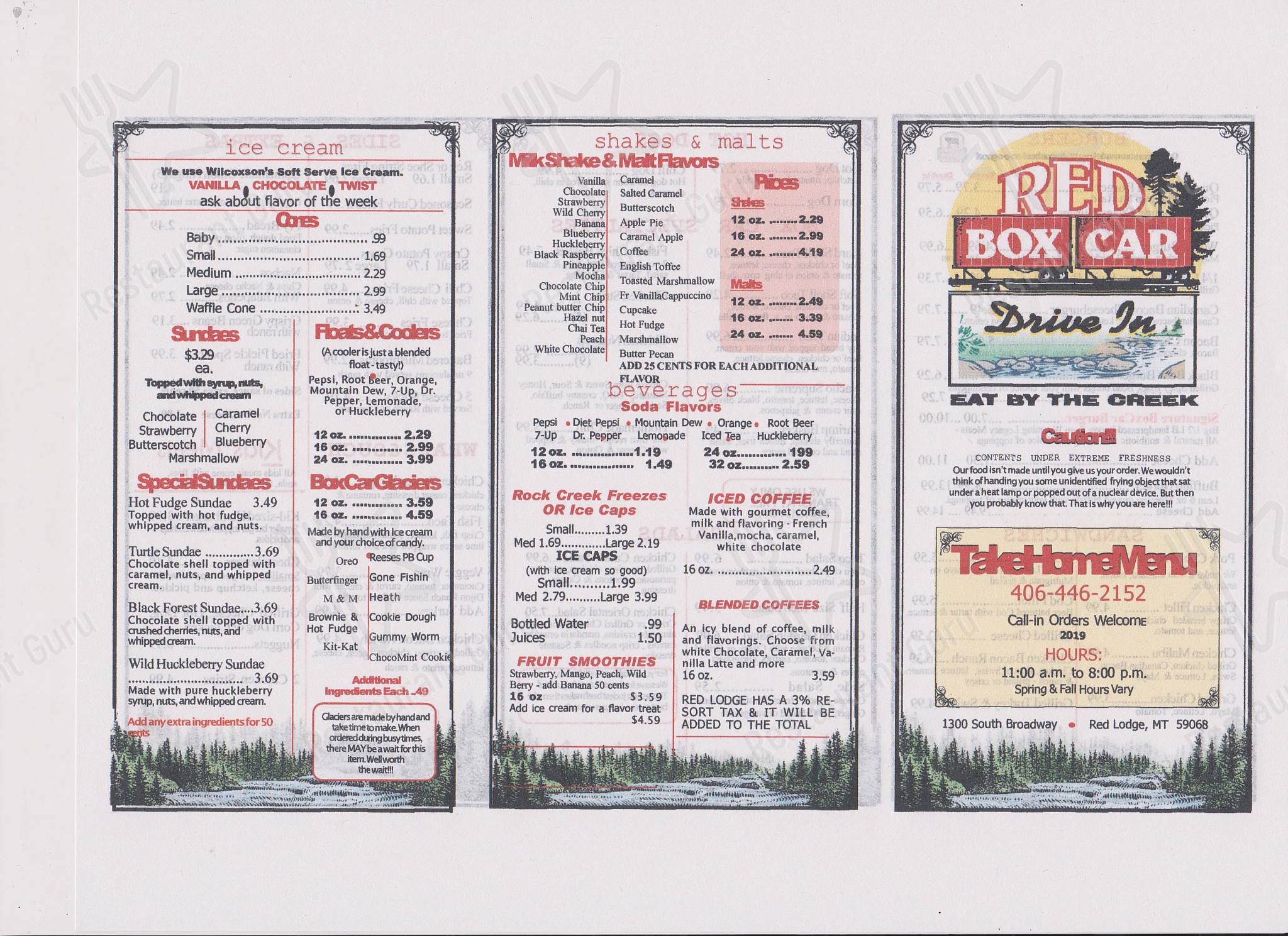 Menu at Red Box Car restaurant, Red Lodge