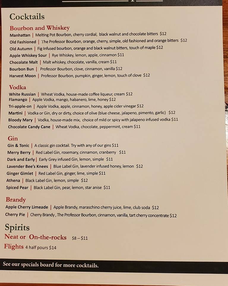 Menu at Red Cedar Spirits pub & bar, East Lansing, Merritt Rd