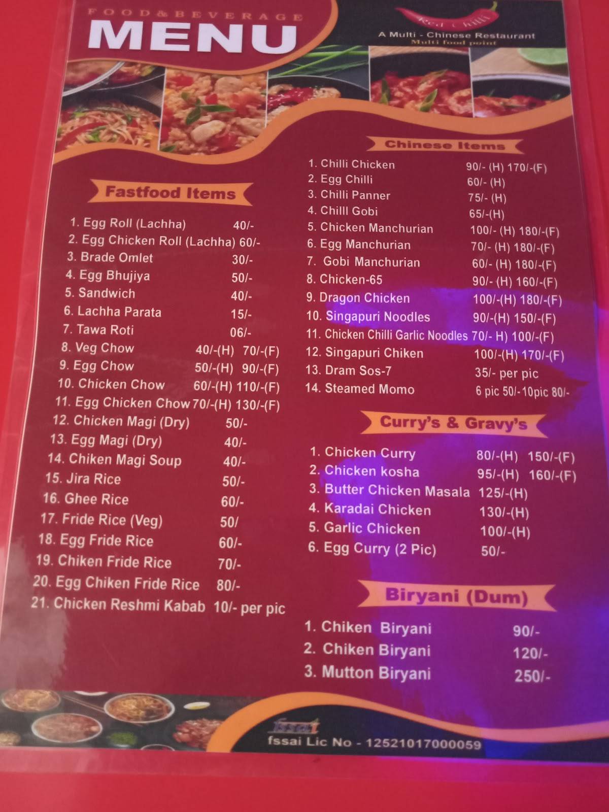 Menu at Red, Dharmanagar