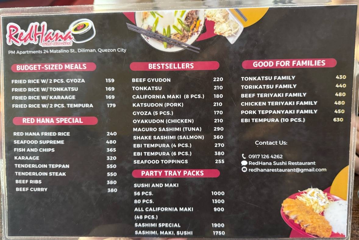 Menu at Red Hana Sushi Restaurant, Quezon City, 24 Matalino St