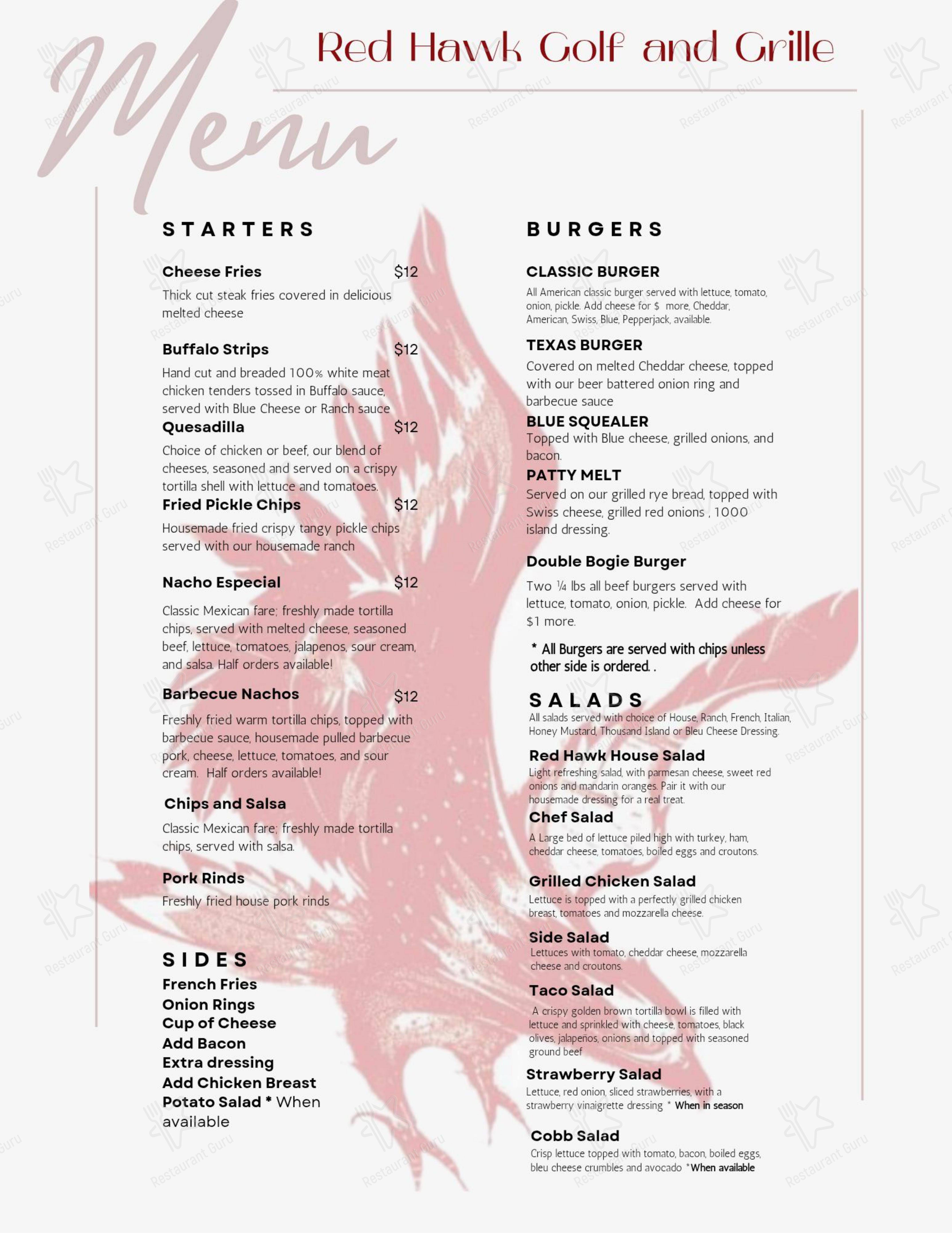 Menu at Red Hawk Golf and Grille club, USA