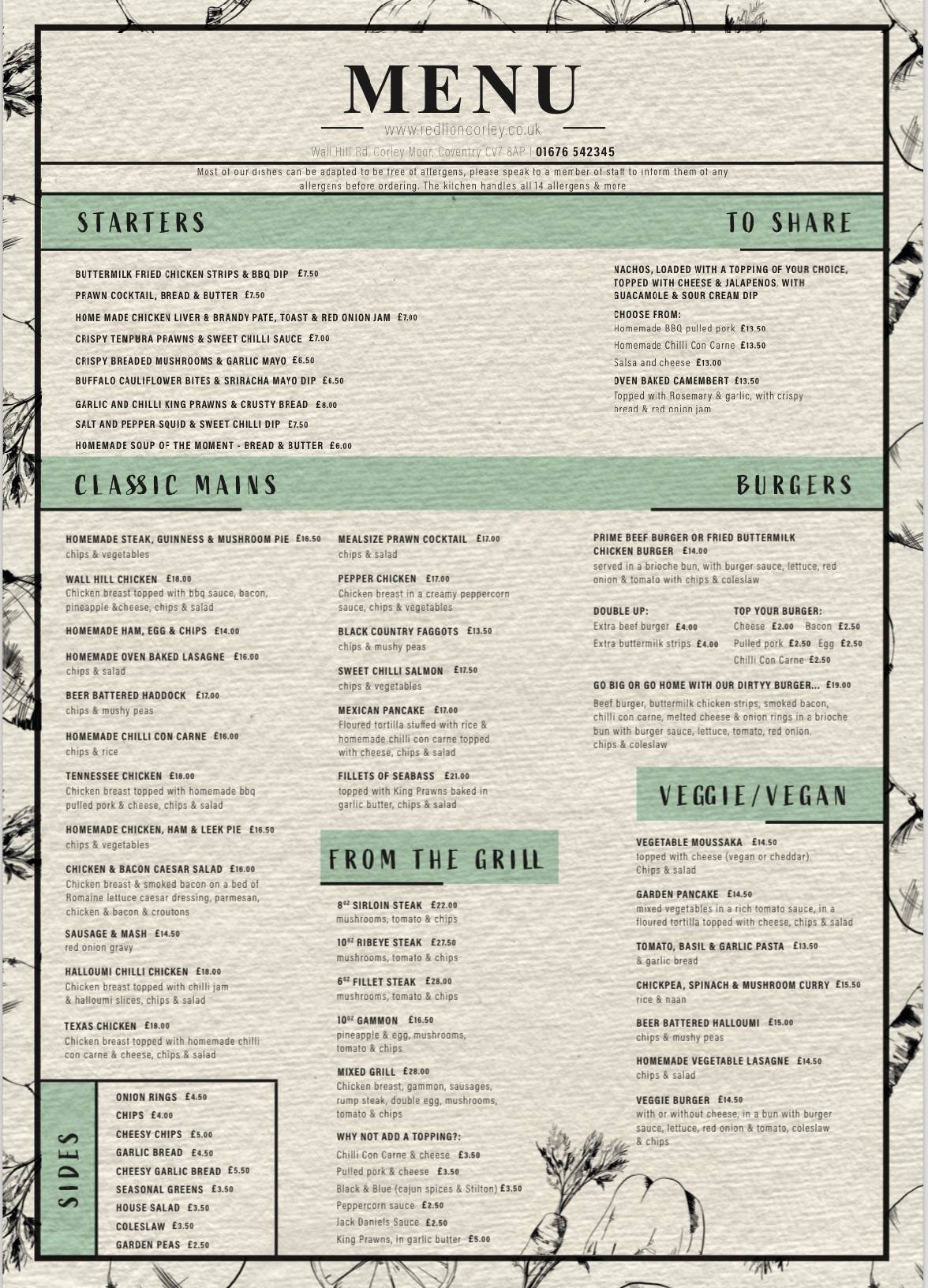 Menu at Red Lion Corley Moor pub & bar, Coventry, Wall Hill Rd