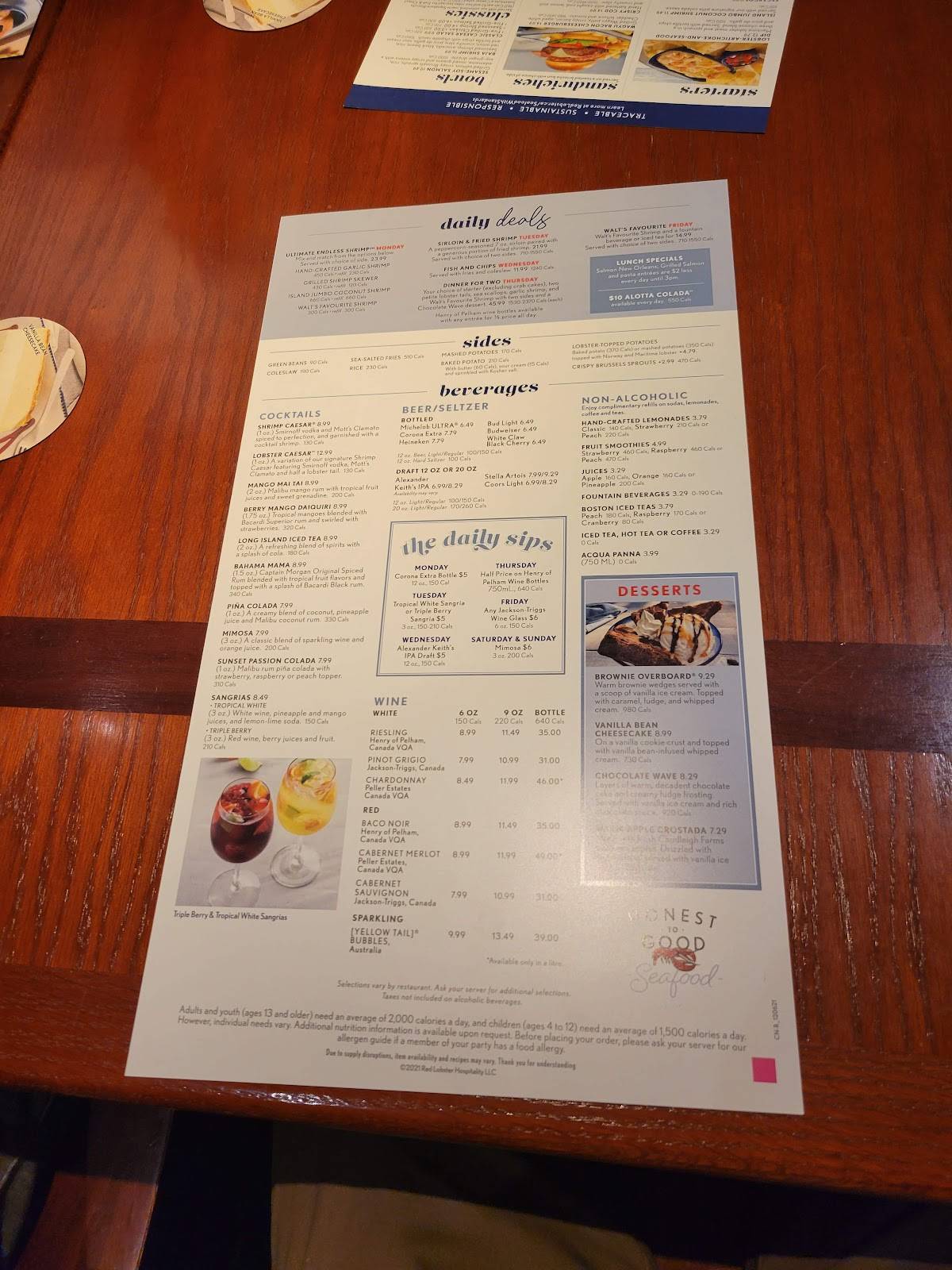 Menu at Red Lobster restaurant, Calgary, Macleod Trail SW