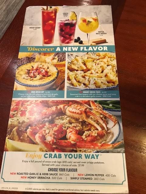 Menu at Red Lobster restaurant, Calgary, Macleod Trail SW