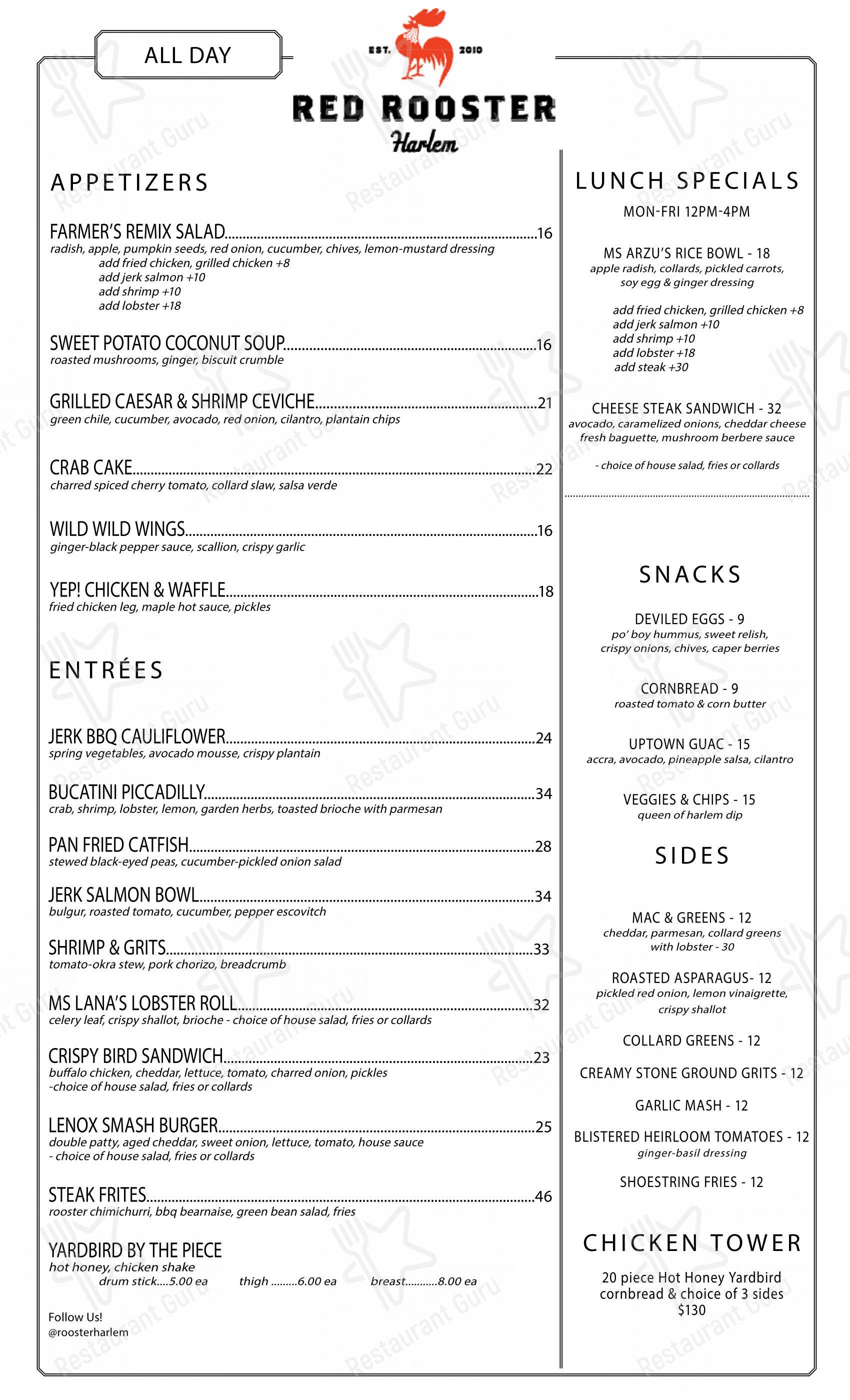 Menu at Red Rooster Harlem pub & bar, New York City, 310 Lenox Ave