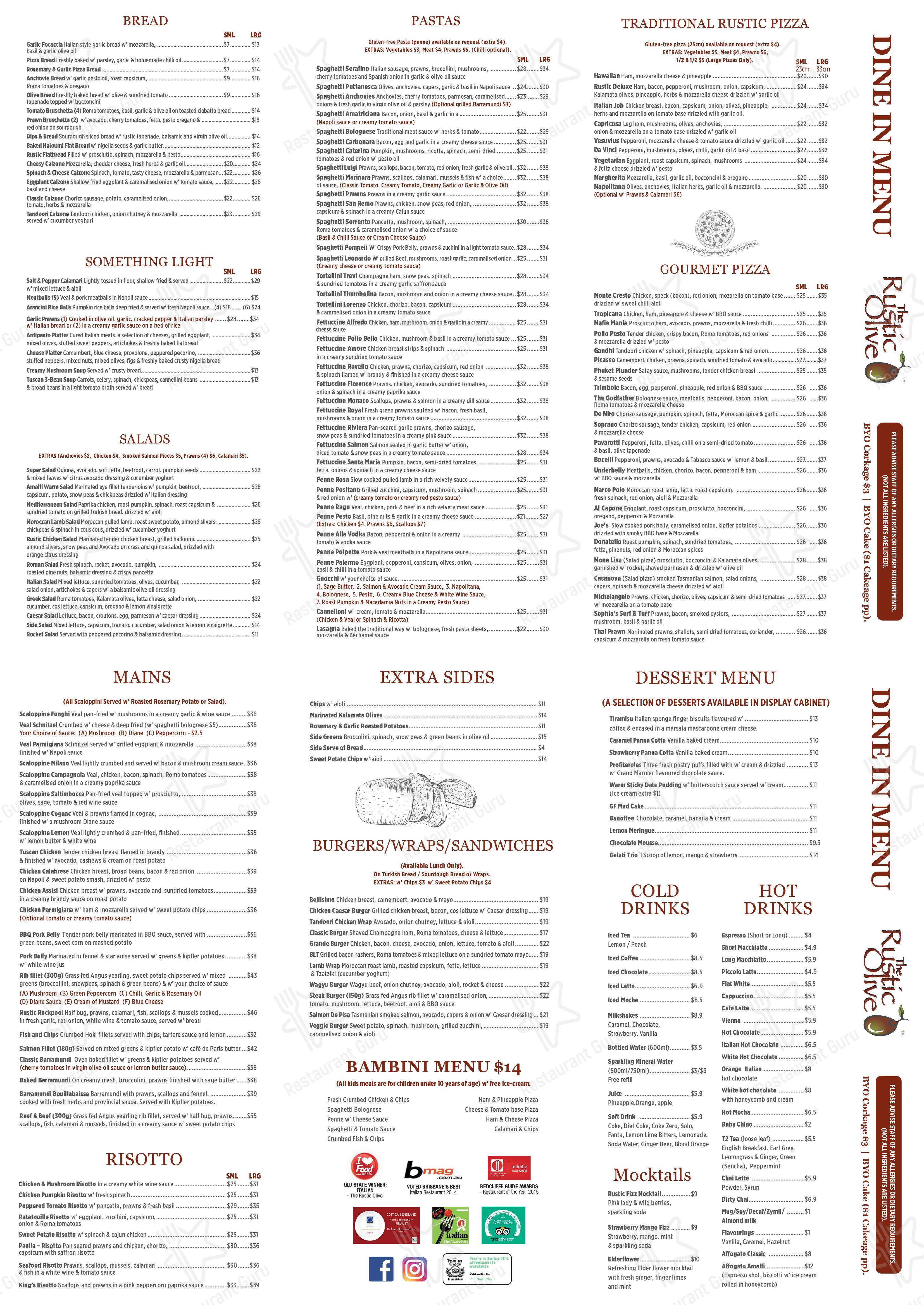 Menu at The Rustic Olive restaurant, Redcliffe