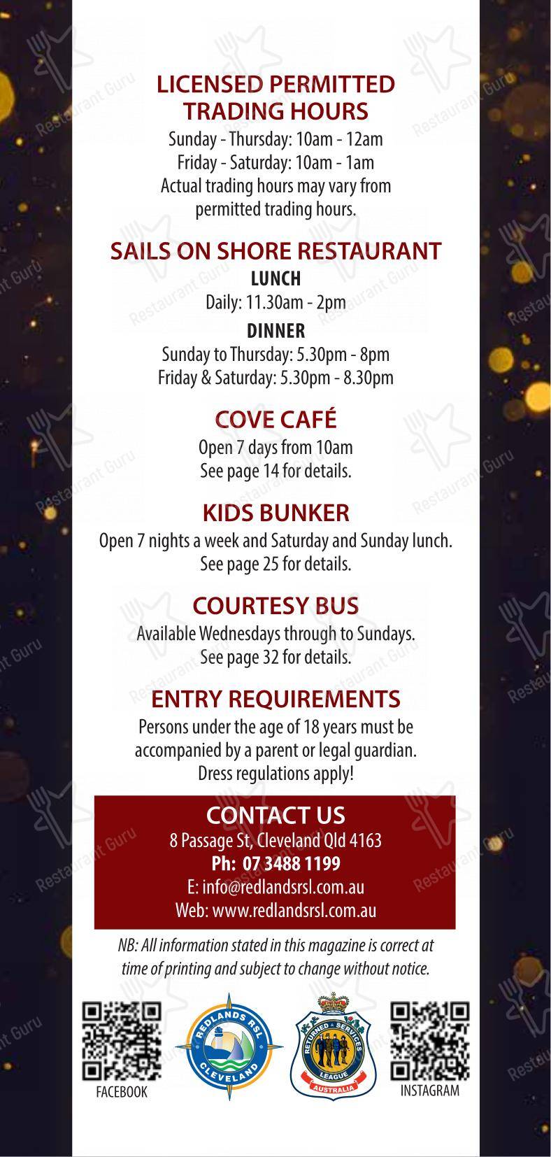 Menu at Redlands RSL club, Cleveland