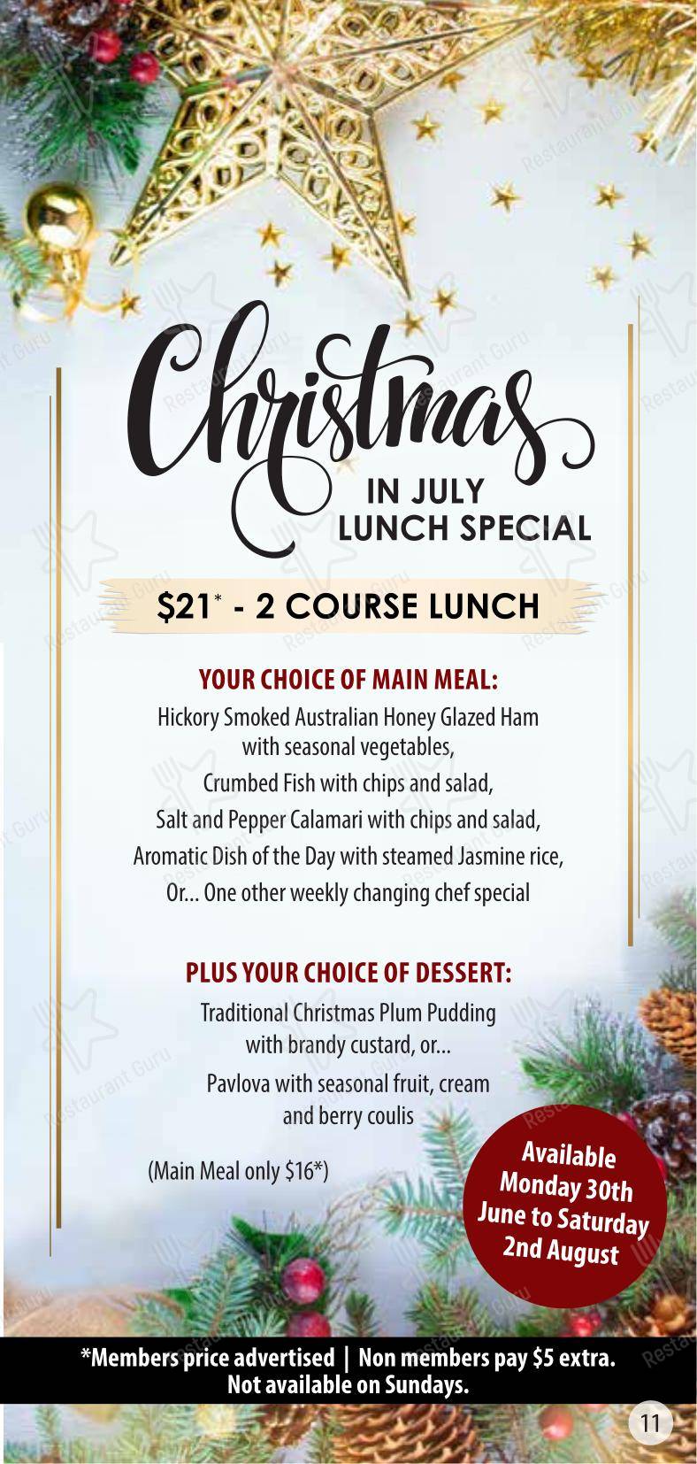 Menu at Redlands RSL club, Cleveland