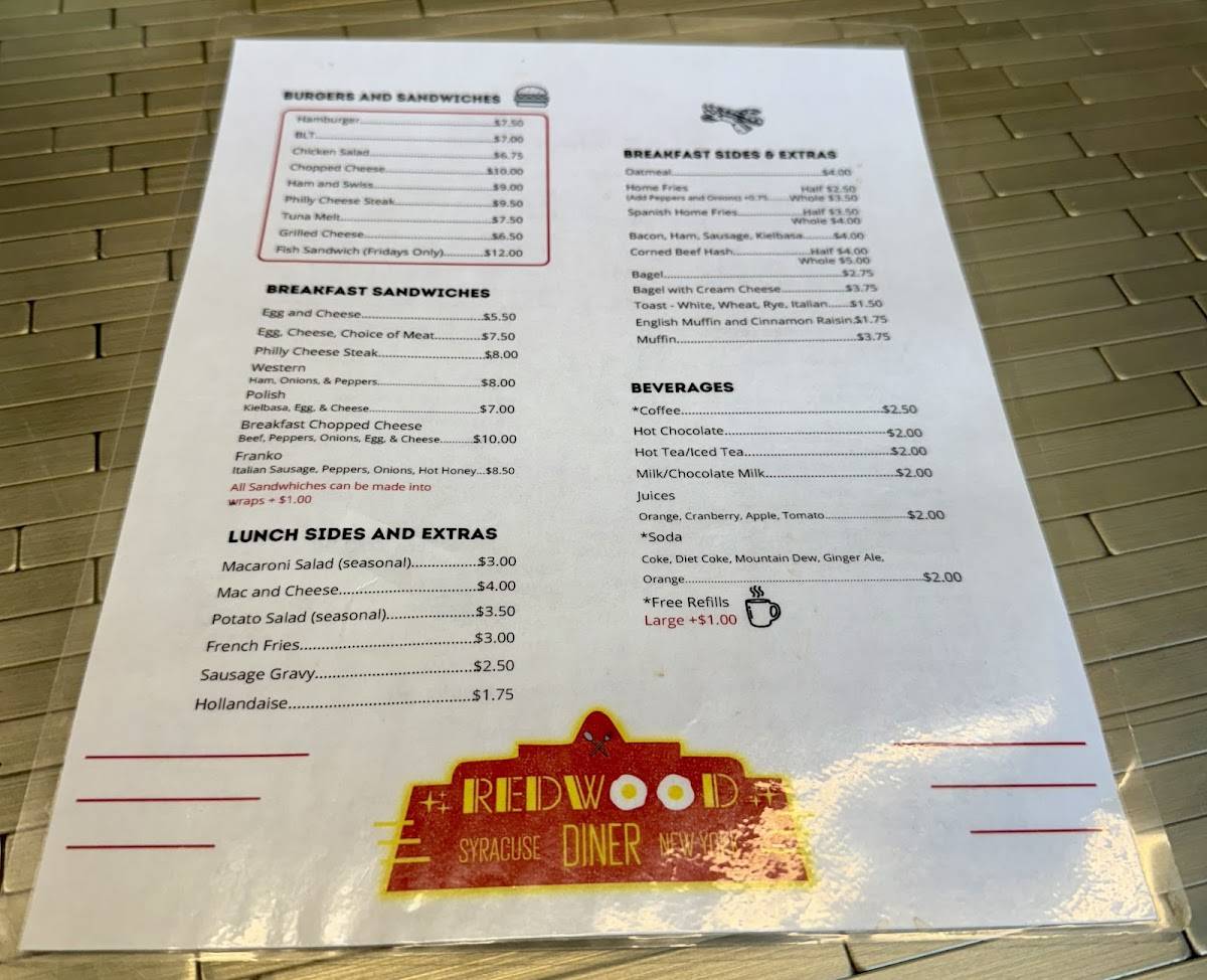 Menu at Redwood Diner restaurant, East Syracuse, 121 E Manlius St