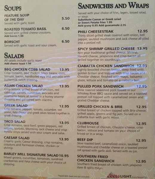 Menu at Barley Mill Brew Pub / Trifon's Pizza, Regina