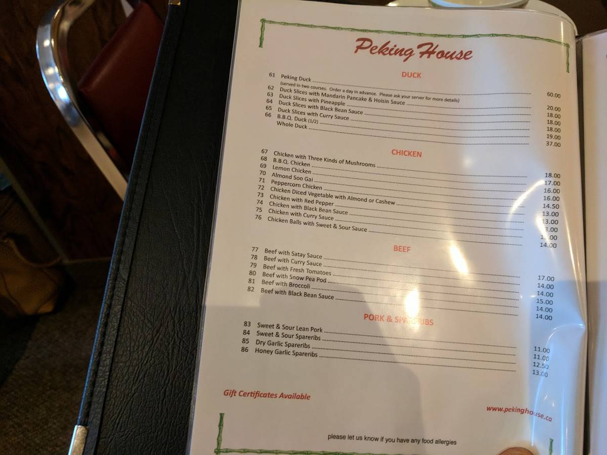 Menu at Peking House restaurant, Regina