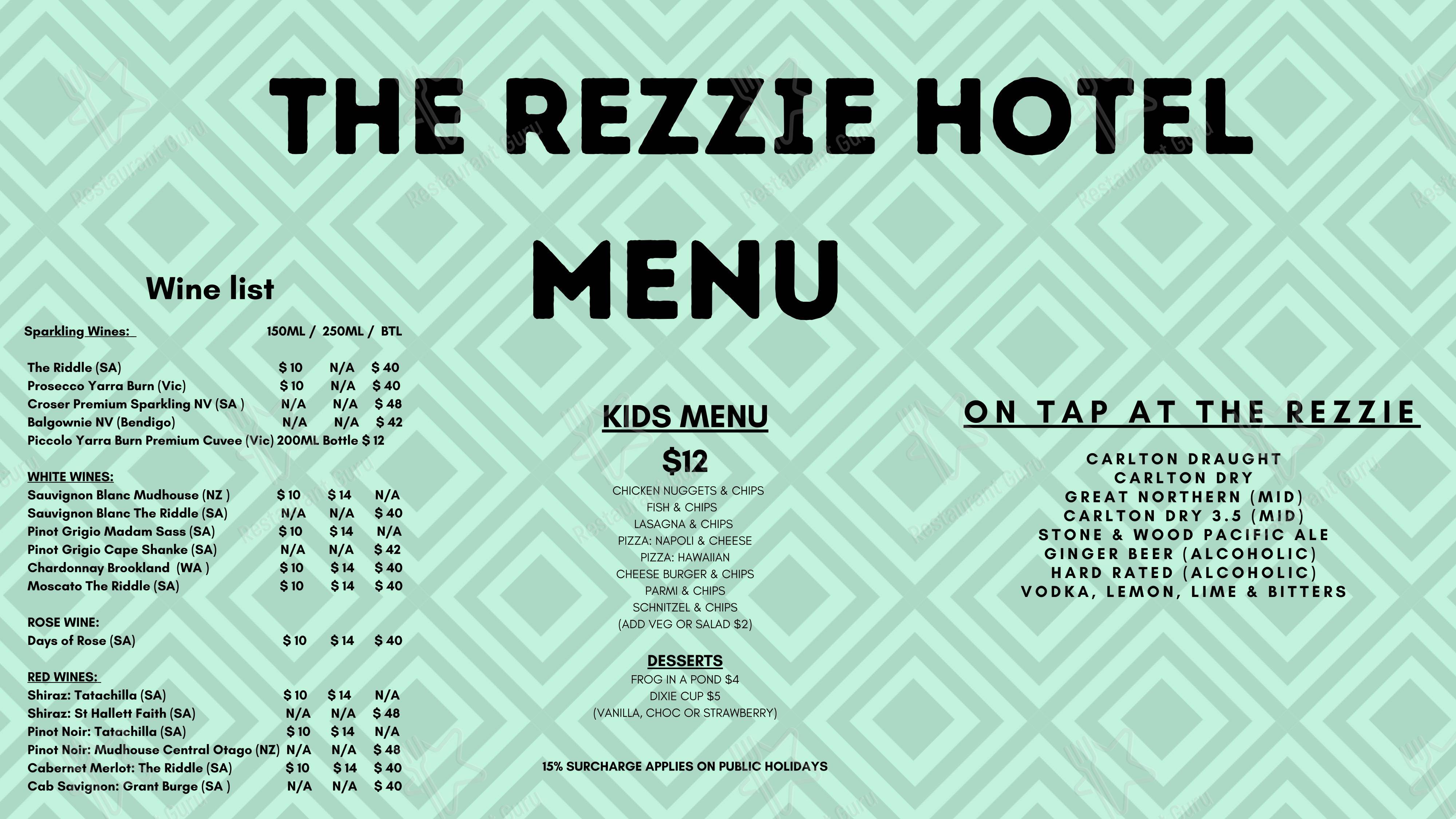 Menu at Reservoir Hotel pub & bar, Kennington