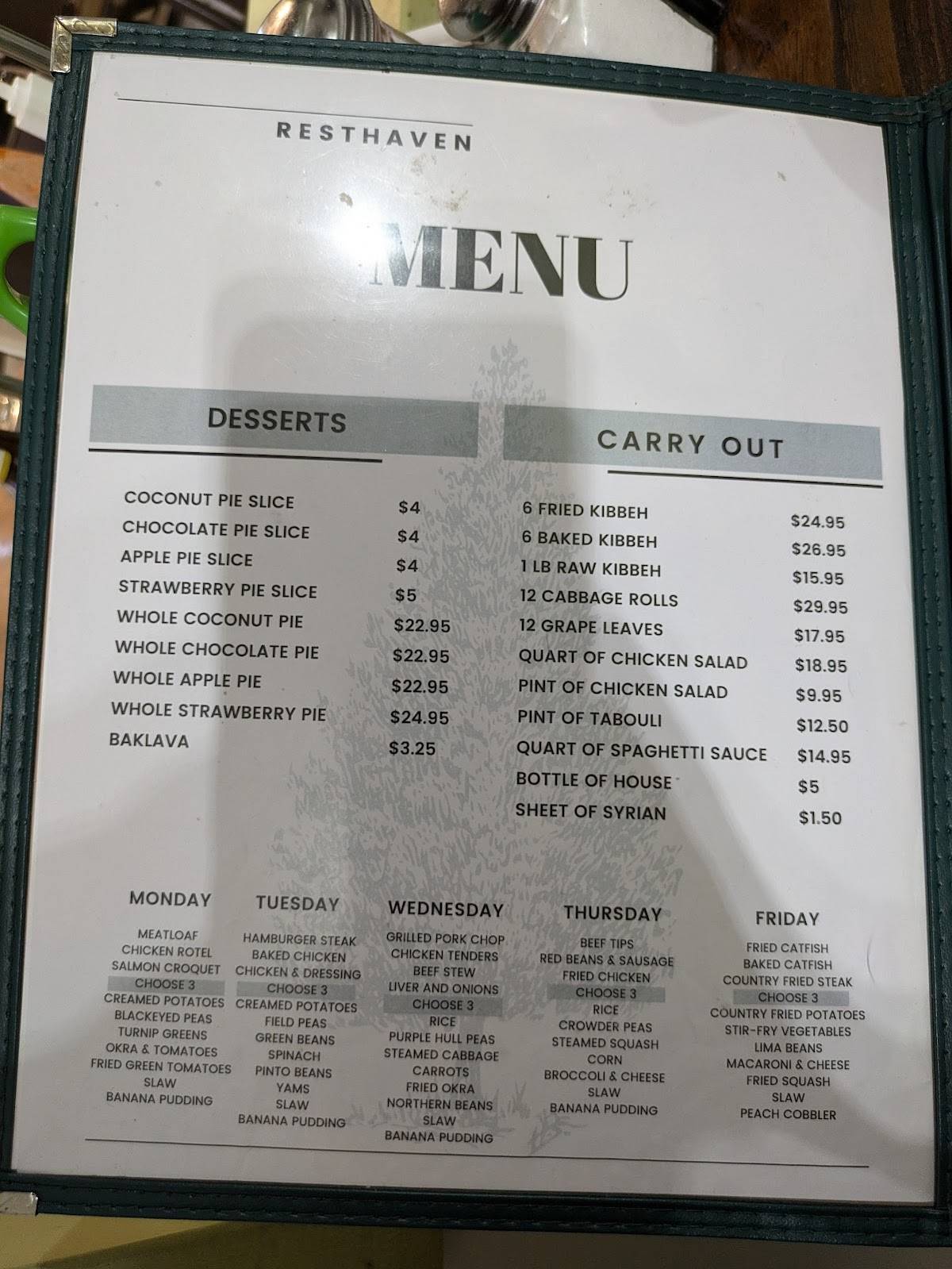 Menu at Rest Haven restaurant, Clarksdale