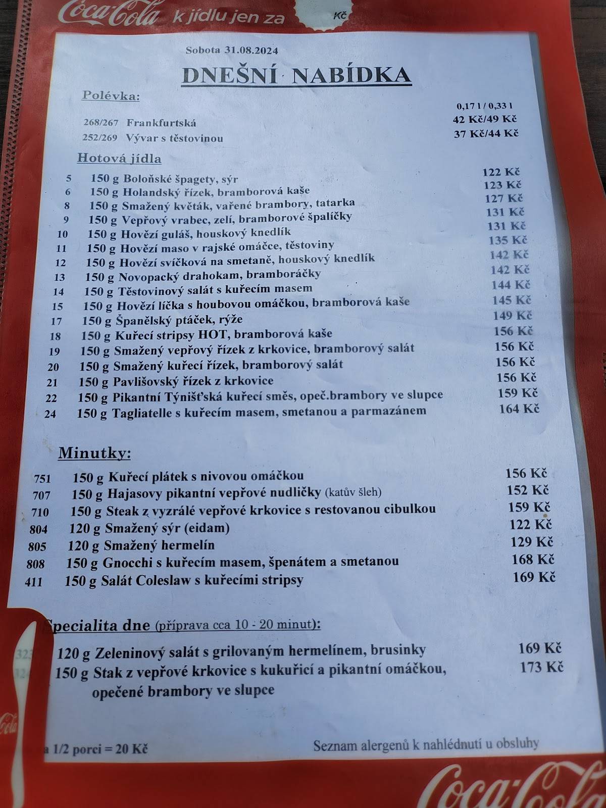 Menu at Restaurace U Věže restaurant, Týniště nad Orlicí