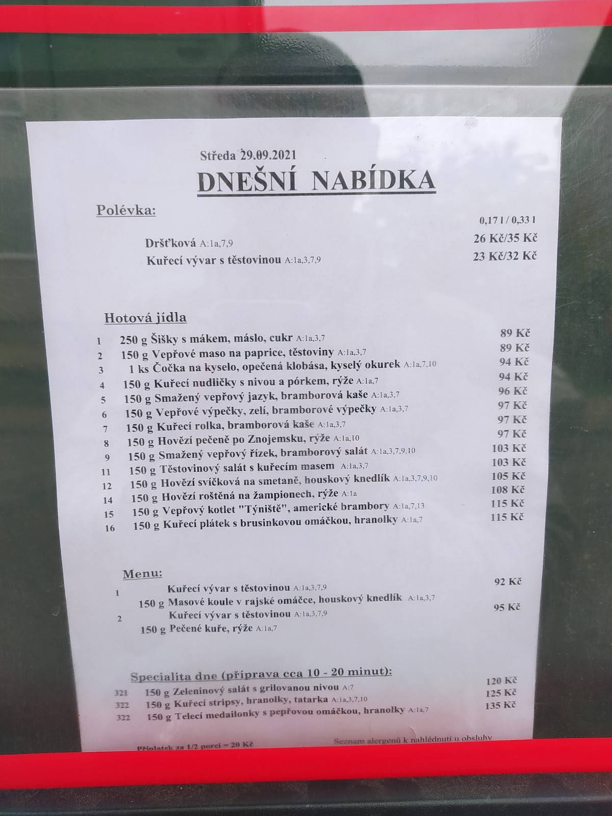 Menu at Restaurace U Věže restaurant, Týniště nad Orlicí