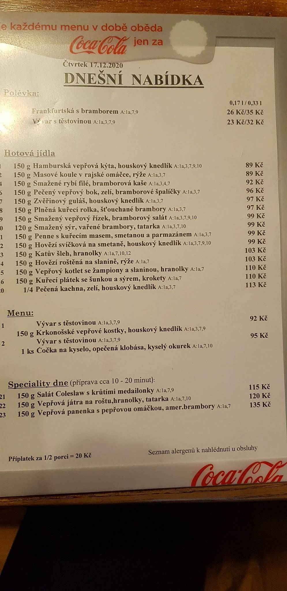 Menu at Restaurace U Věže restaurant, Týniště nad Orlicí