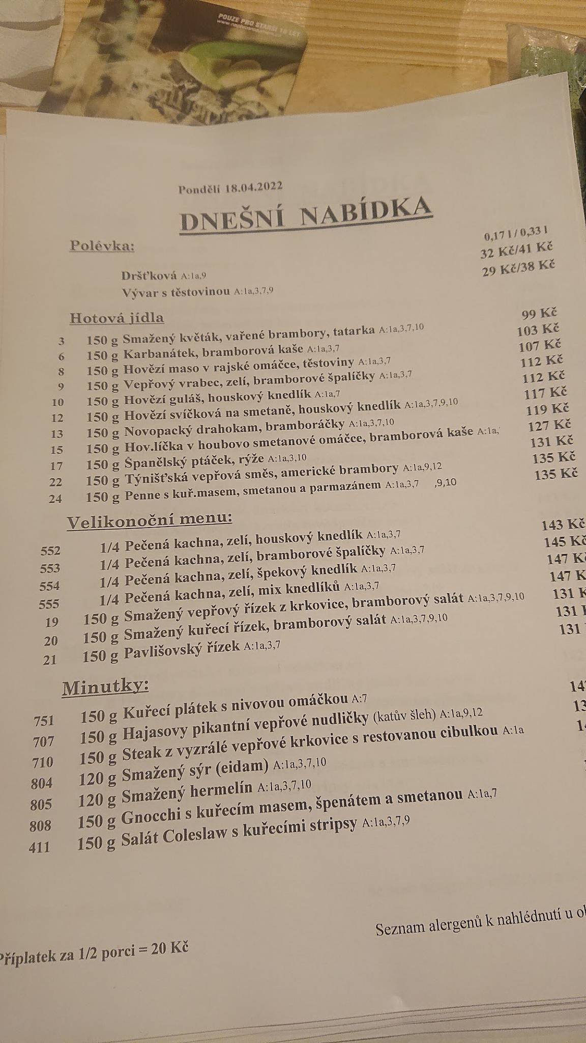 Menu at Restaurace U Věže restaurant, Týniště nad Orlicí