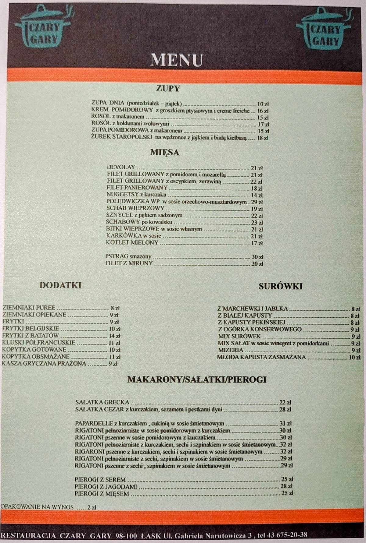 Menu at Restauracja CZARY GARY restaurant, Łask