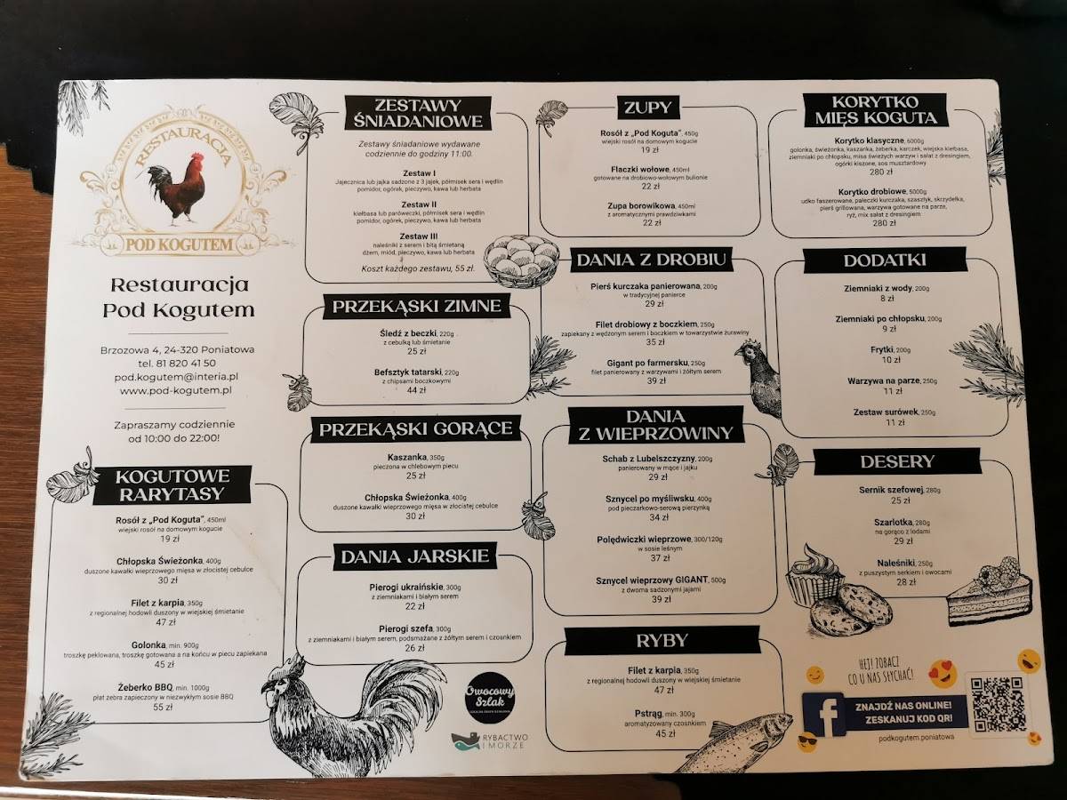 Menu at Restauracja Pod Kogutem restaurant, Poniatowa