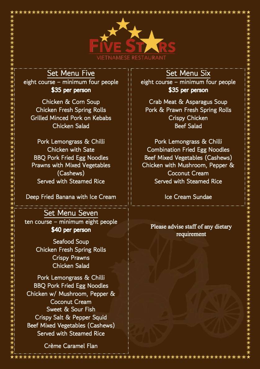 Menu at 5 Star restaurant, Christchurch, 250 Clyde Rd