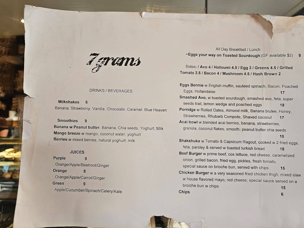 Menu at 7 Grams Cafe, Richmond