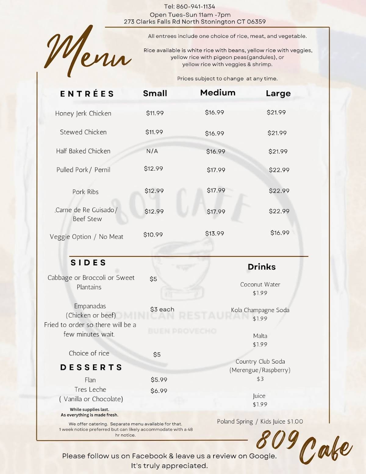 Menu at 809 Cafe, North Stonington