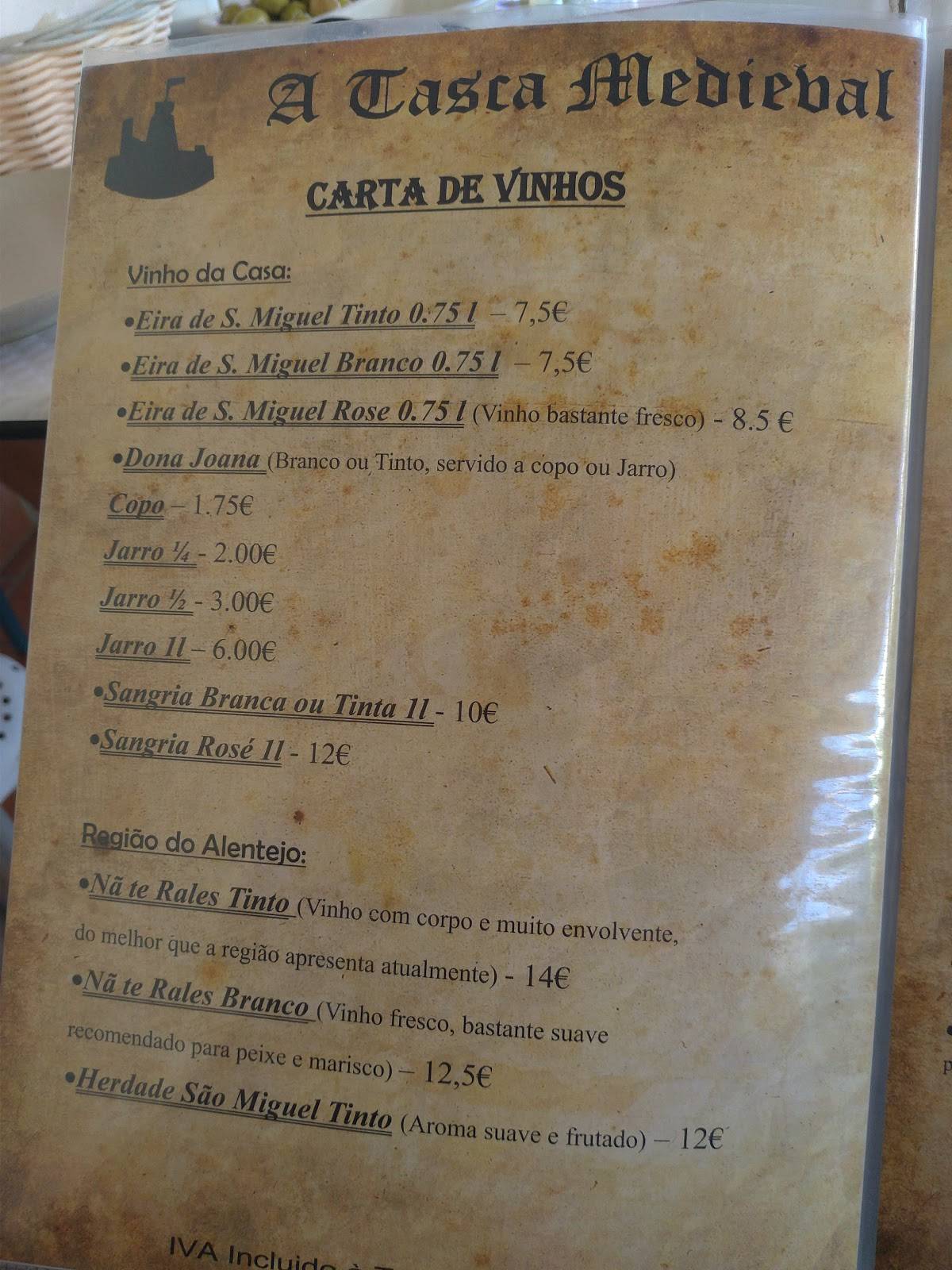 Carta del restaurante A Tasca Medieval, Castro Marim, R. 25 del Abril 65
