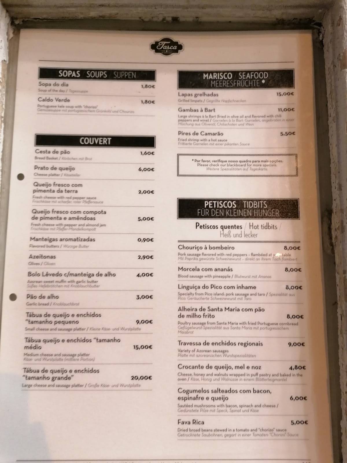 Menu at A Tasca restaurant, Ponta Delgada