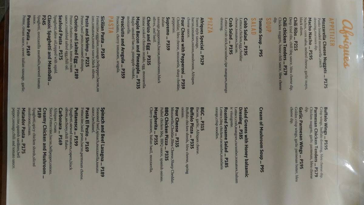 Menu at Afrique's Gourmet restaurant, Iloilo City, Red Square Building