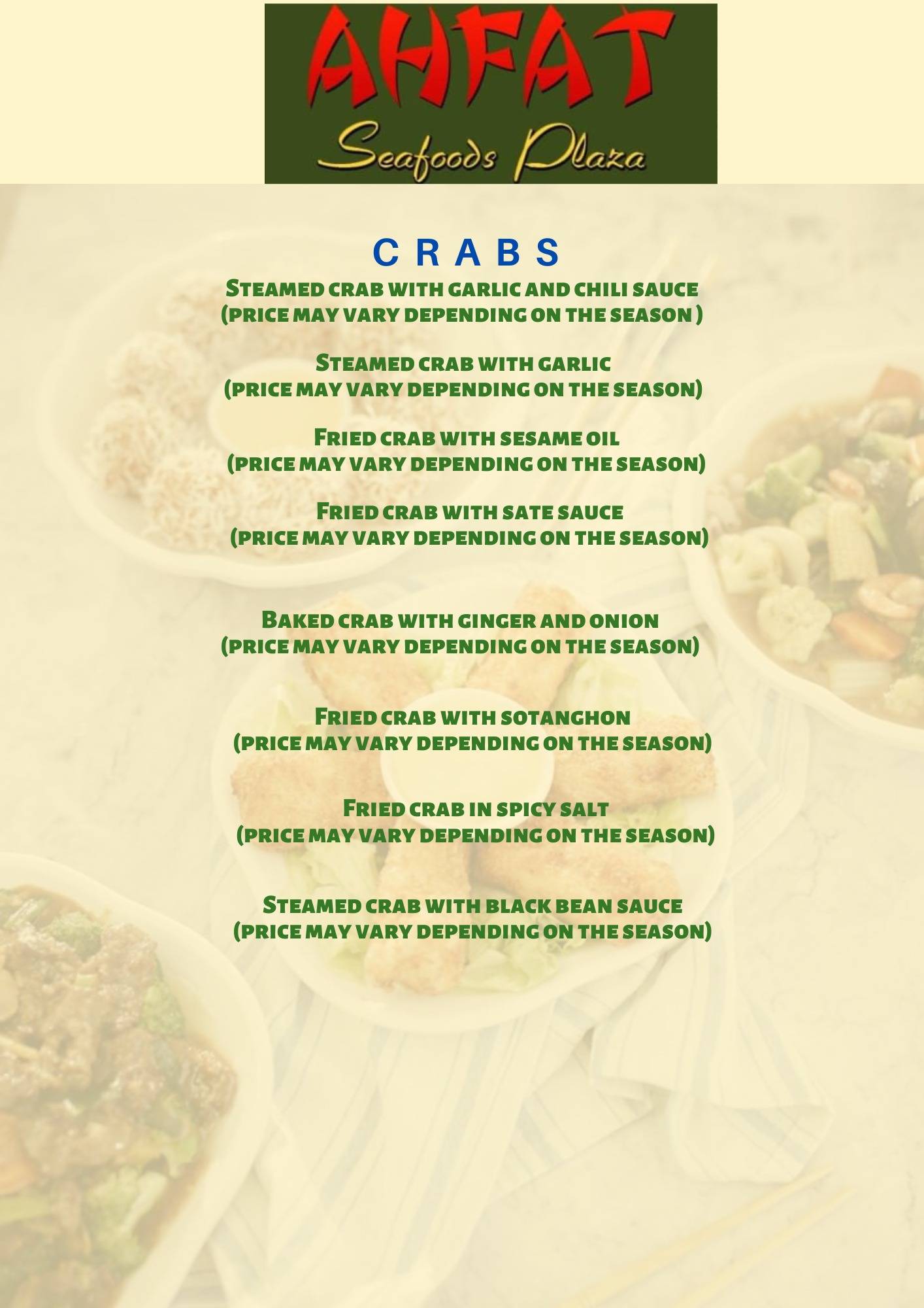Menu at Ahfat Seafoods Plaza restaurant, Davao City