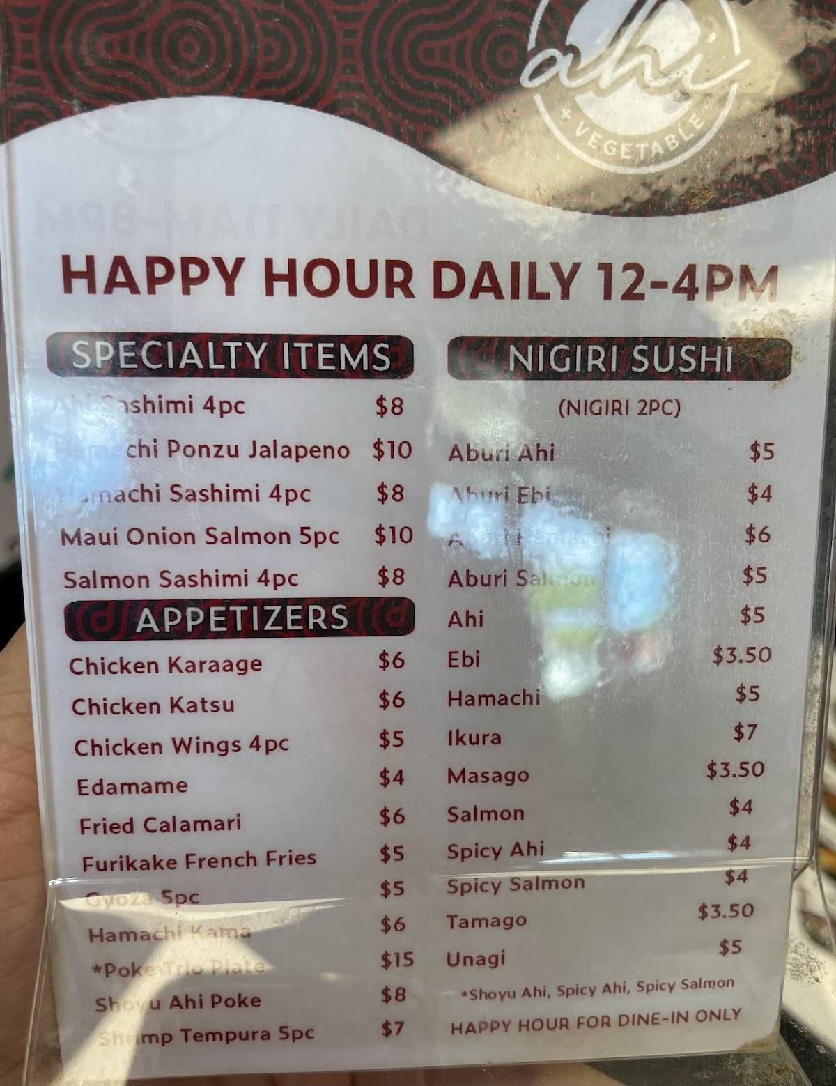 Menu at Ahi and Vegetable - Kapalama restaurant, Honolulu, Dillingham Blvd
