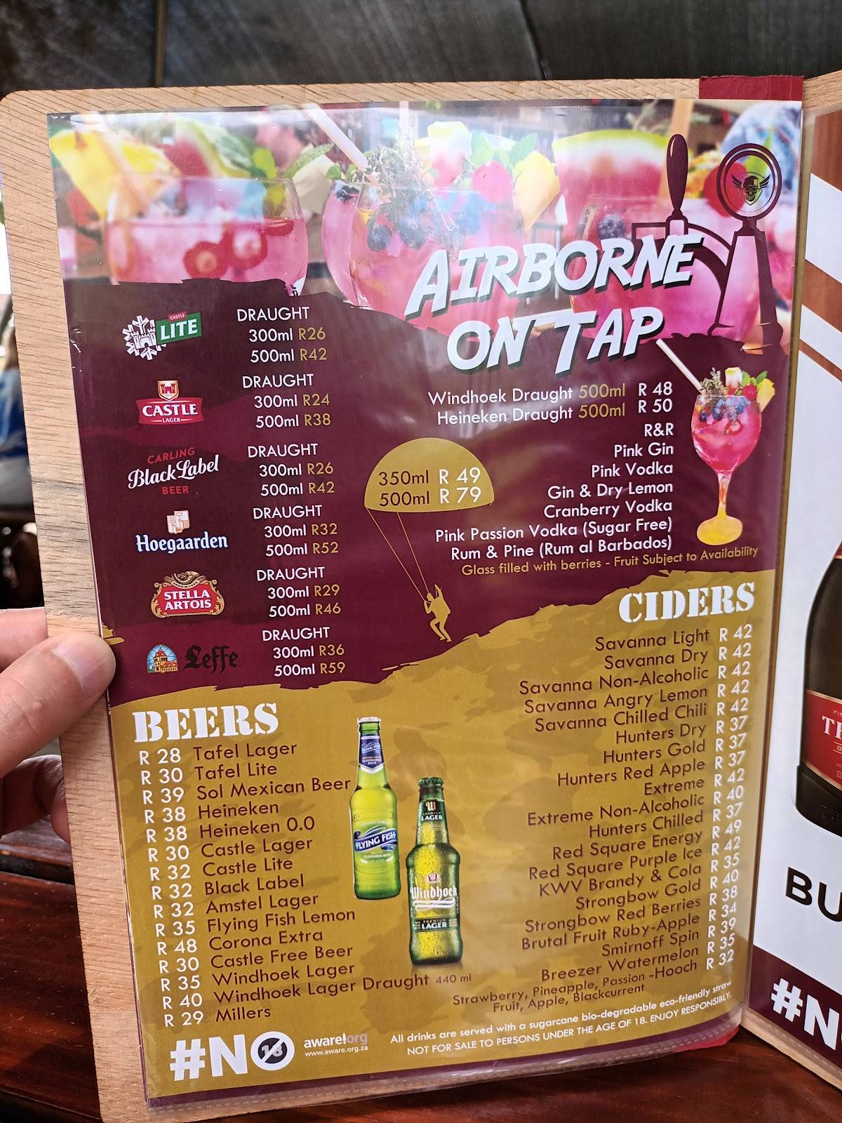 Menu at Airborne Cafe FATP, Bloemfontein, Blue Skies Blvd