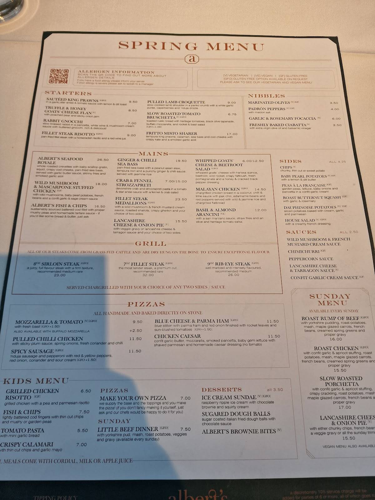 Menu at Albert’s Didsbury Restaurant & Bar, Manchester
