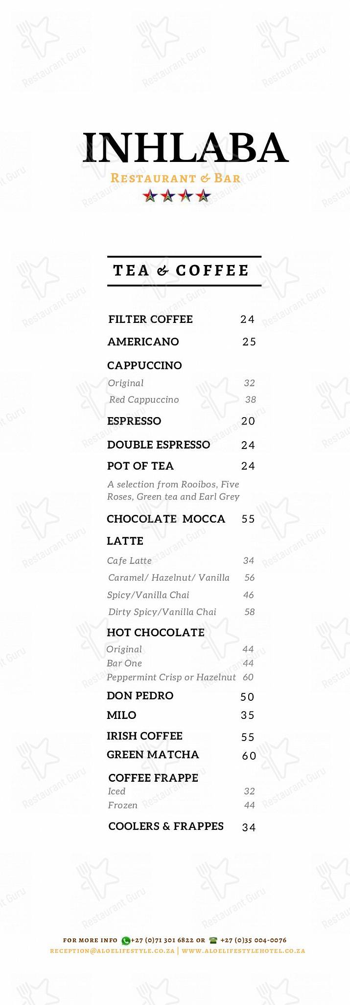 Menu at Aloe Lifestyle Hotel restaurant, Eshowe