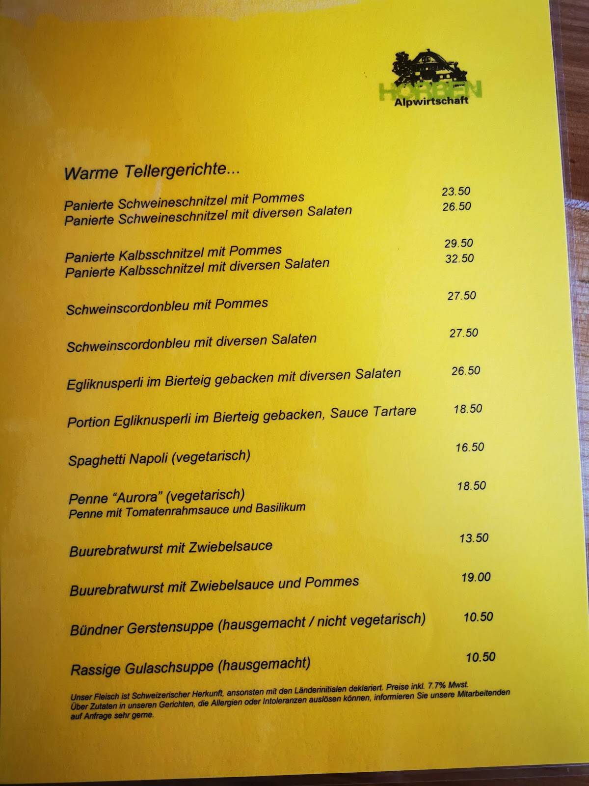 Speisekarte von Alpwirtschaft Horben, Beinwil (Freiamt)