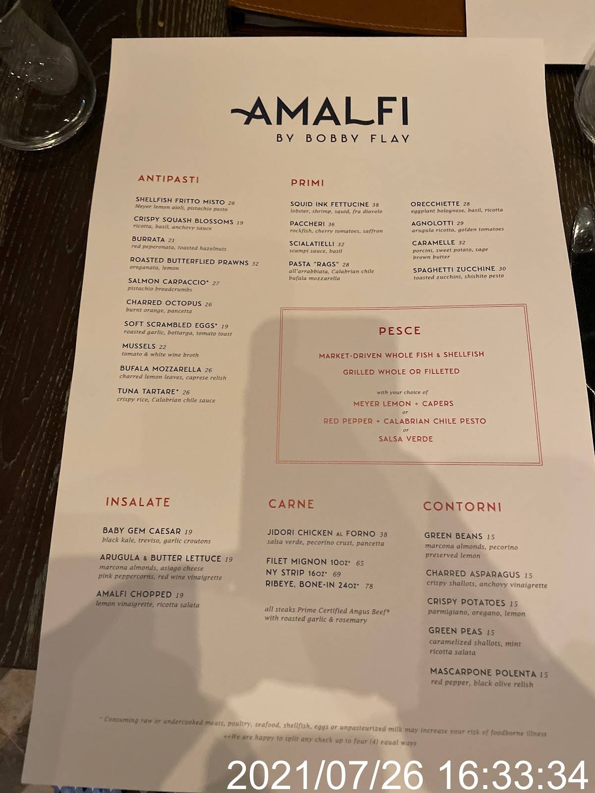 Menu at Amalfi restaurant, Las Vegas