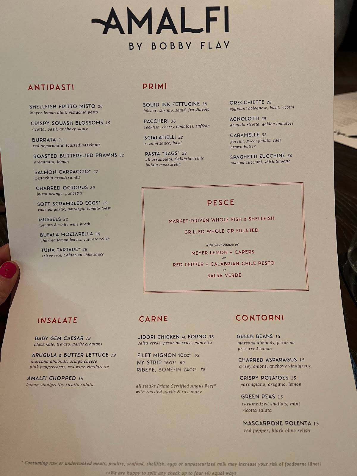 Menu at Amalfi restaurant, Las Vegas
