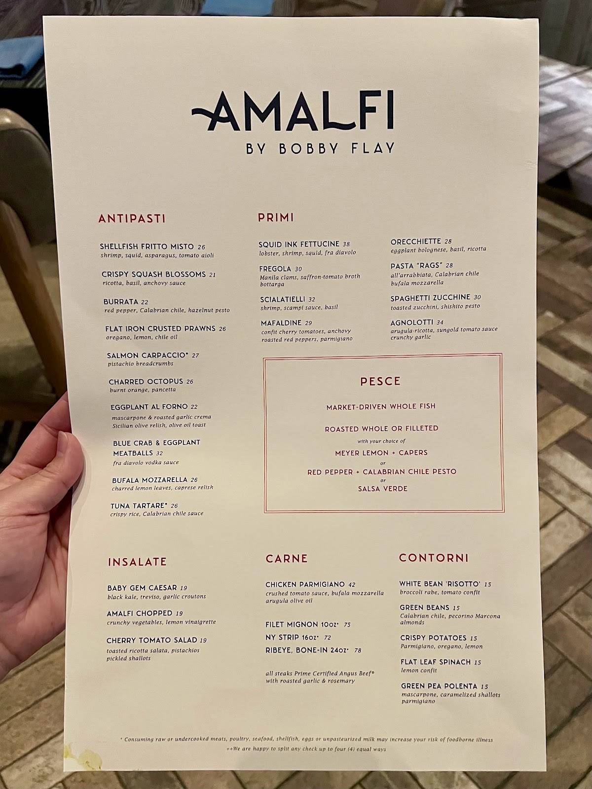 Menu at Amalfi restaurant, Las Vegas, Las Vegas Blvd S