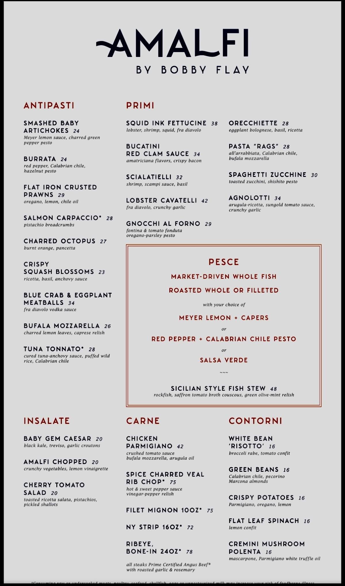 Menu at Amalfi restaurant, Las Vegas, Las Vegas Blvd S