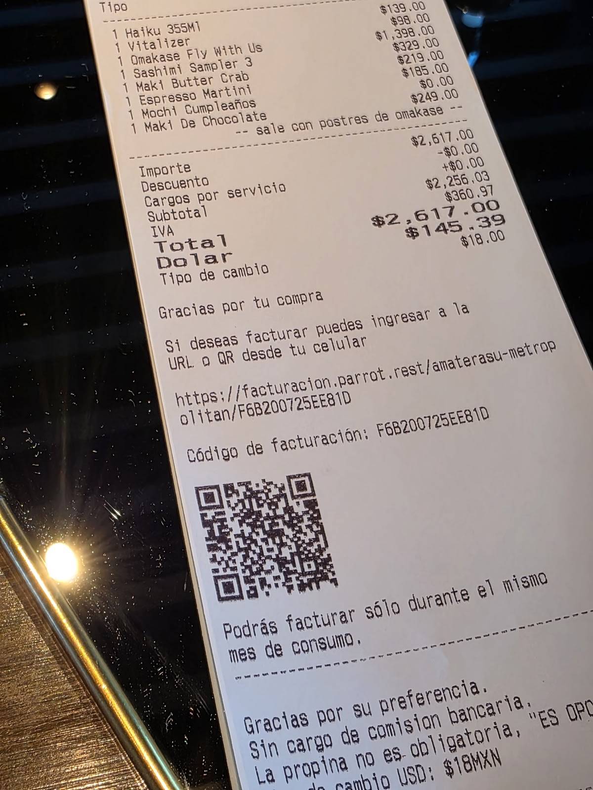 Menu at Amaterasu restaurant, San Pedro Garza García